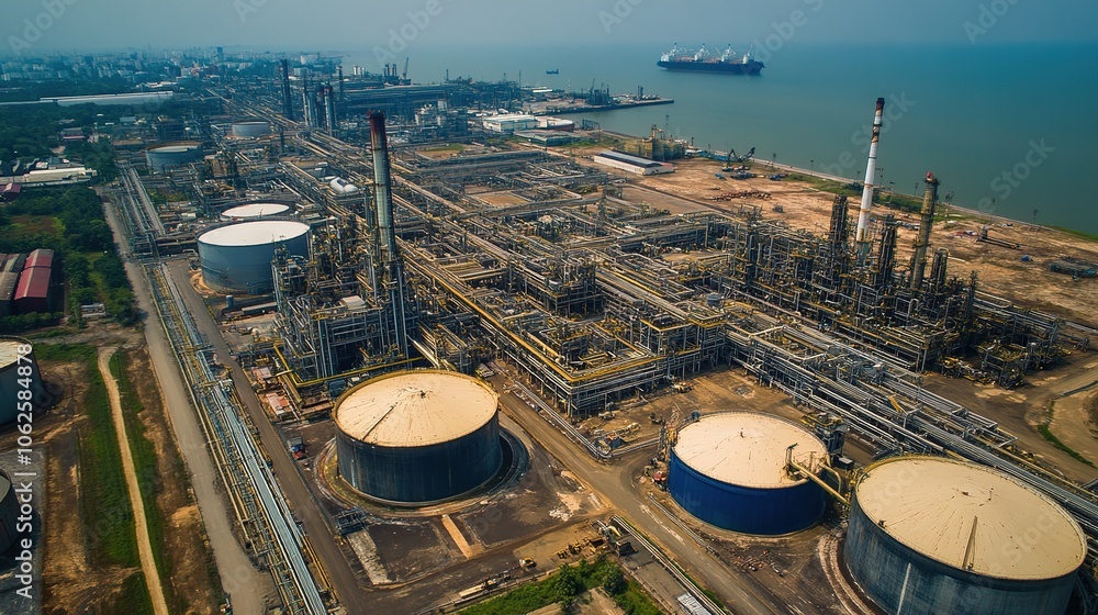 Oil production process depicted through an industrial scene showcasing ...