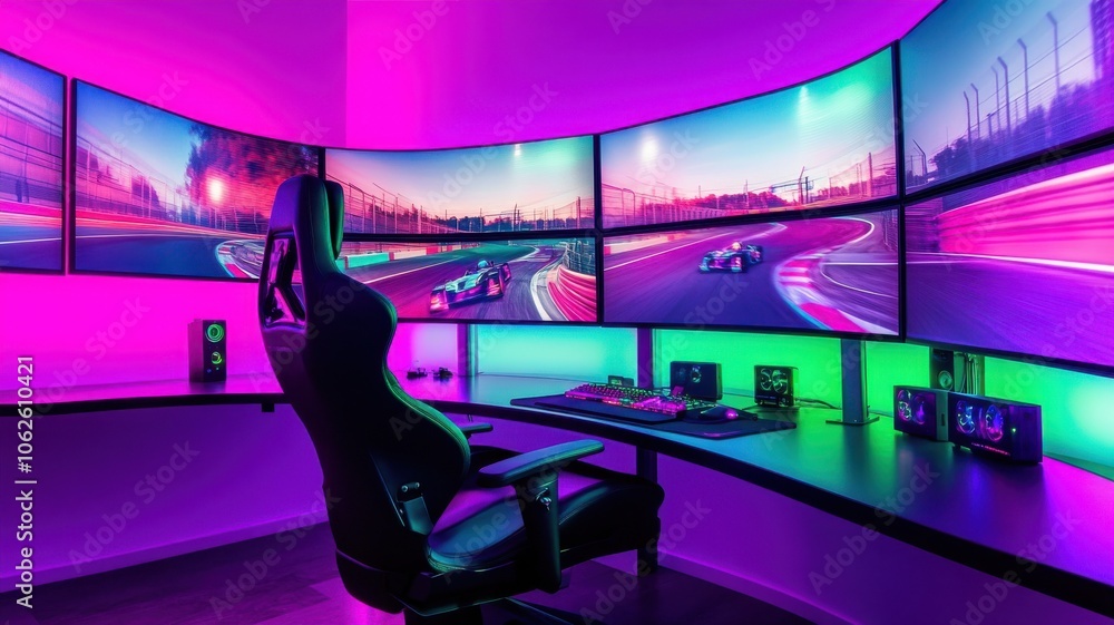 A vibrant gaming setup featuring multiple monitors, neon lights, and a ...