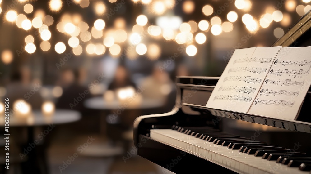 Elegant piano in a warm, dimly lit setting, inviting musical notes and ...