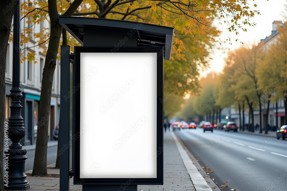 Bus stop billboard Mockup in empty street in Paris Parisian style ...