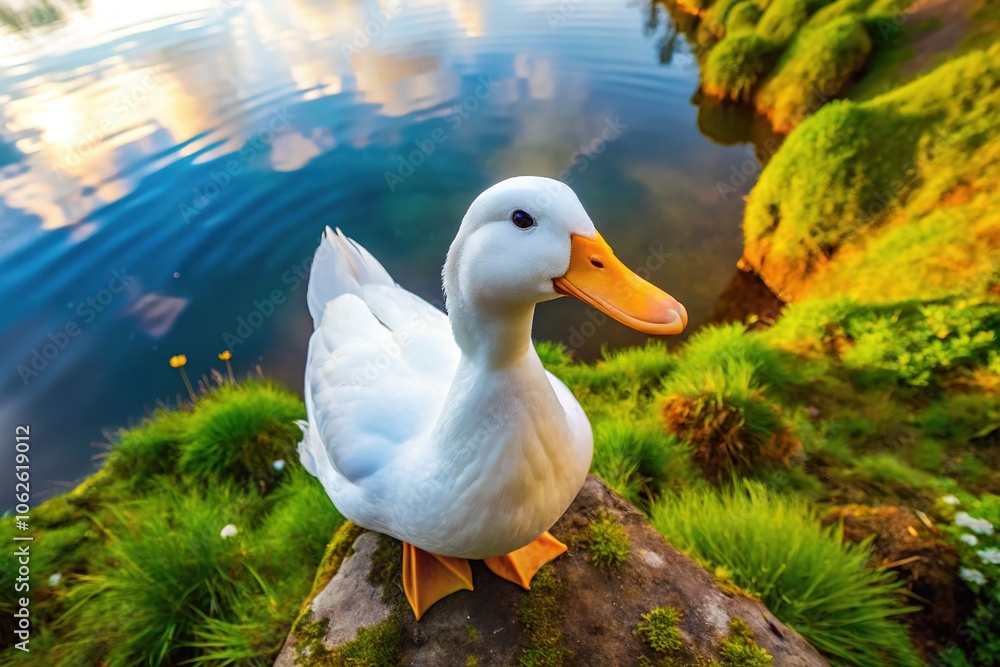 White duck, bird's-eye view, captured by drone. Stock Illustration ...