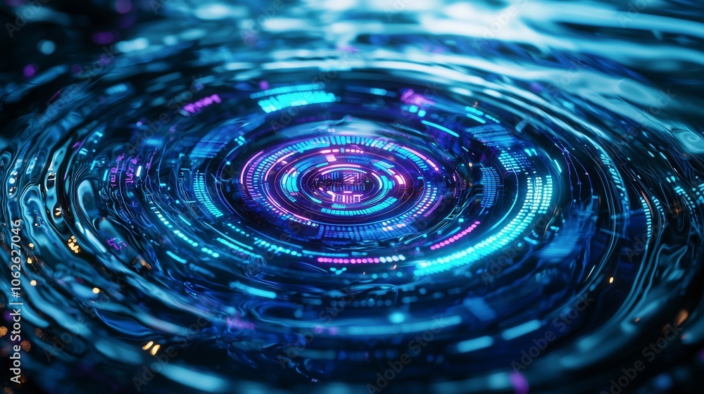 Futuristic digital ripple effect with neon blue and purple concentric ...