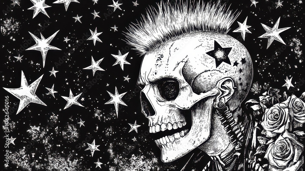 punk skull with a mohawk, surrounded by roses and stars, blending ...