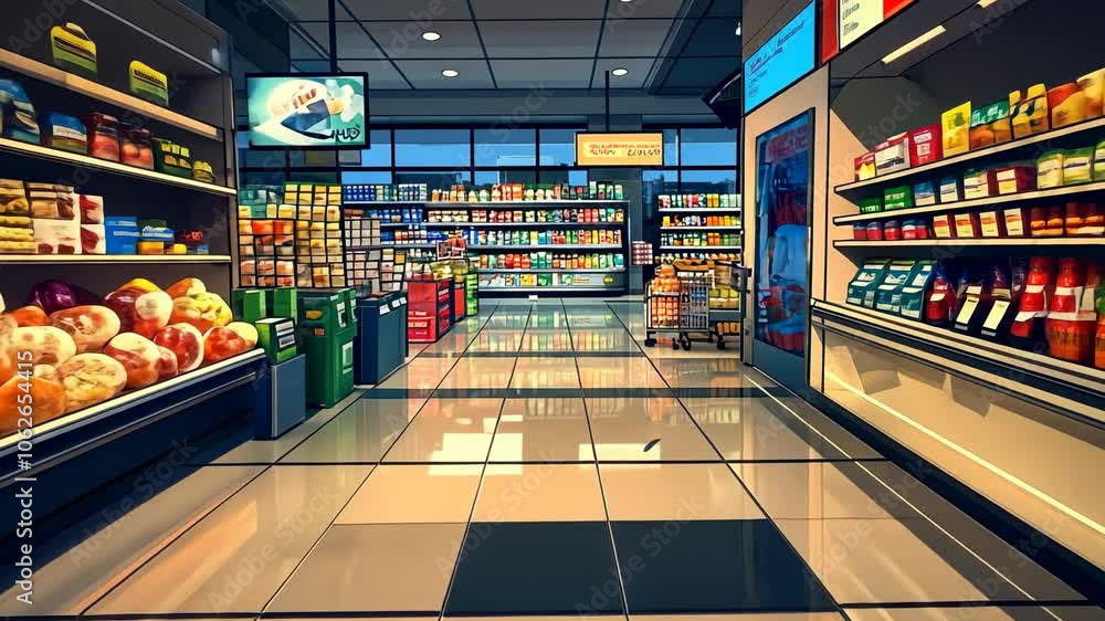Supermarket Aisle with Produce and Snacks, grocery store, shelves ...