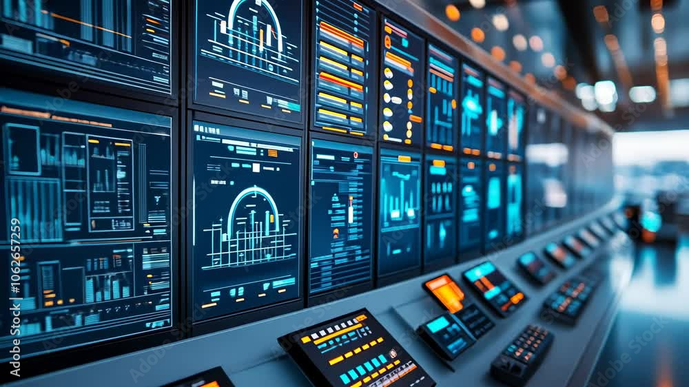 Control Room with Multiple Monitors Displaying Data and Graphs, server ...