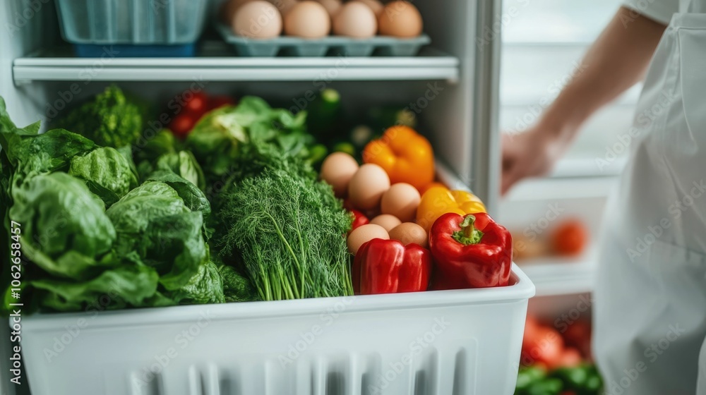 Overhead view of a person s hands a refrigerator with an array of fresh ...