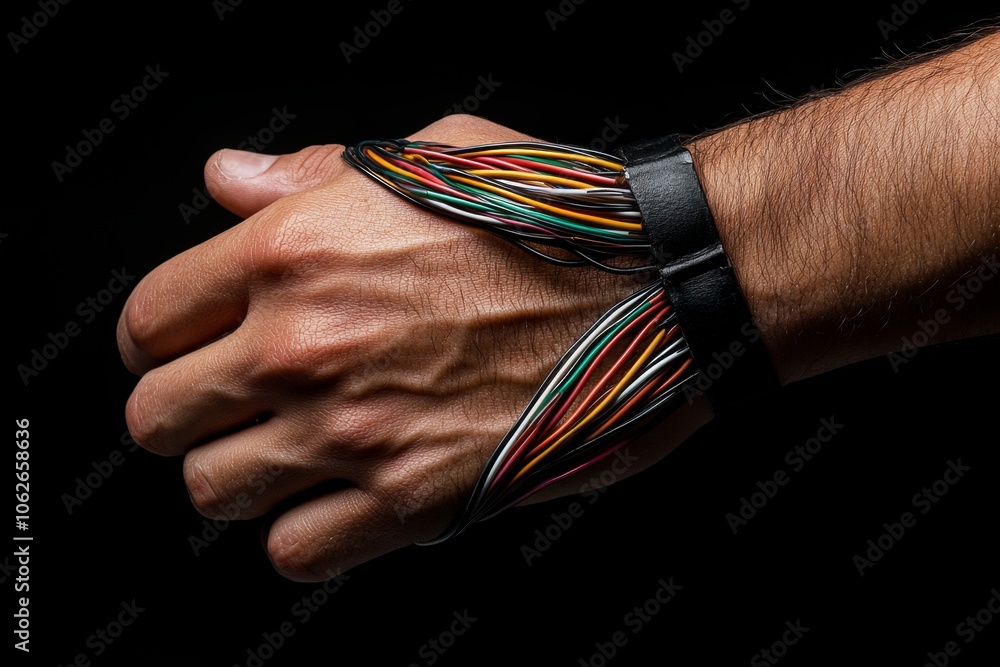 Flat 2D depiction of a personâ€™s hand with polygraph wires, capturing ...