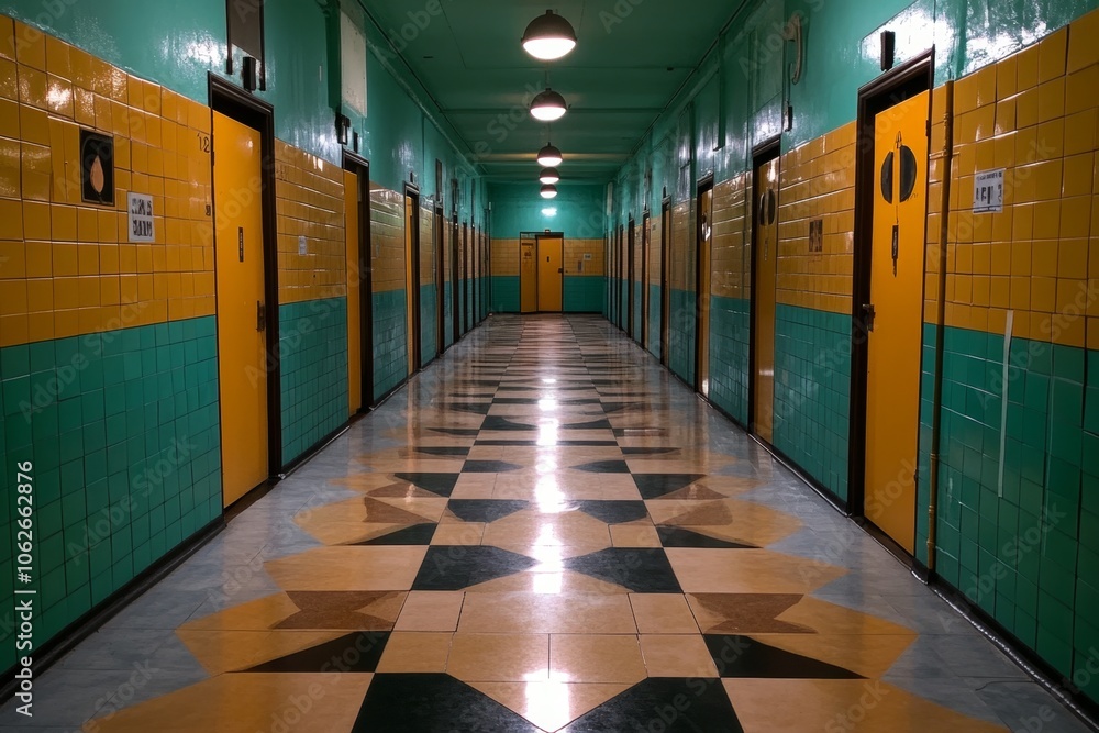 Rows of cells in an old prison, with chipped paint and worn metal bars ...