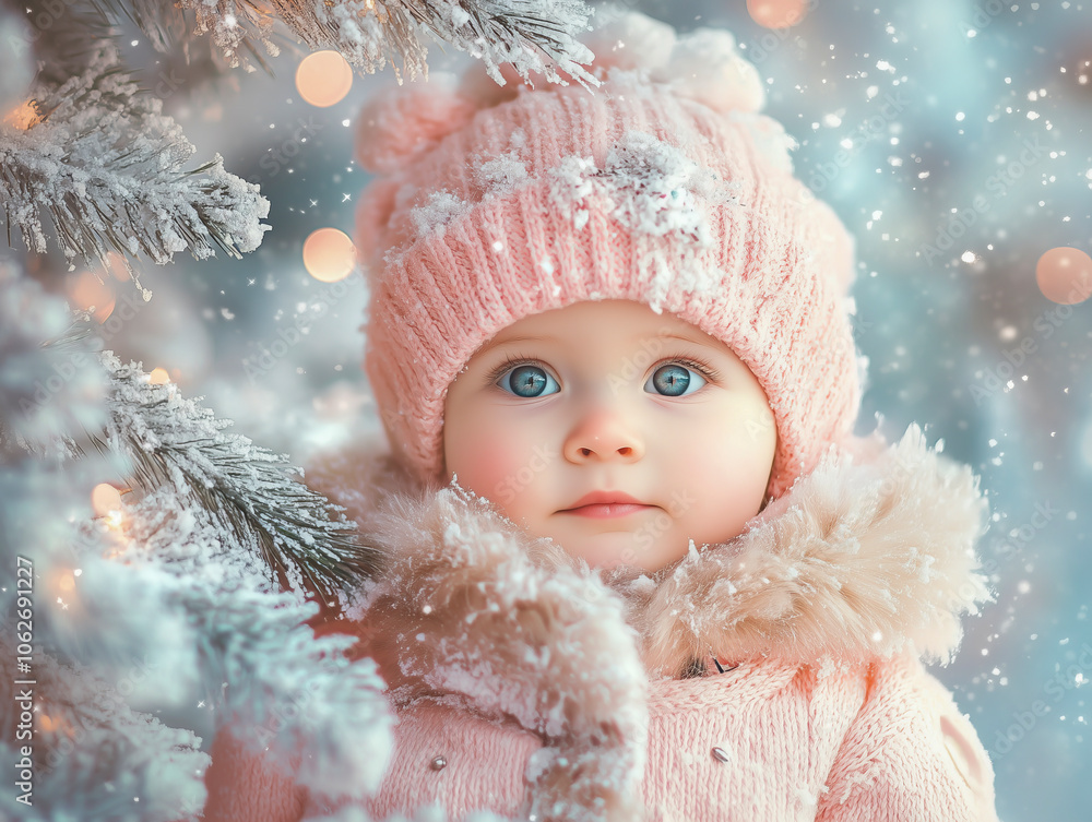 Cute baby wearing a pink hat and coat, standing by a snowy tree, with ...