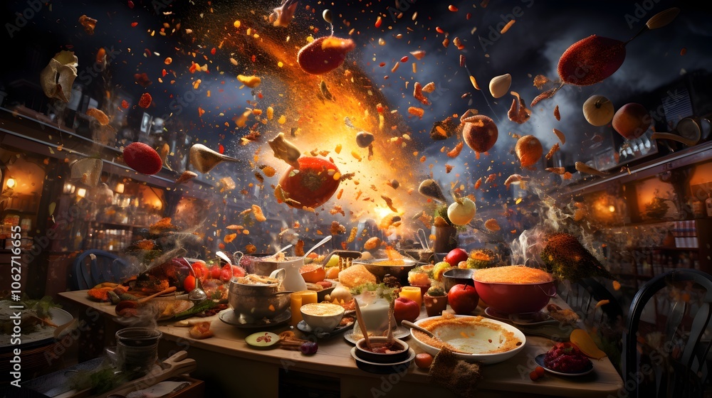 Chaotic Culinary Explosion A vibrant motion heavy scene of various ...