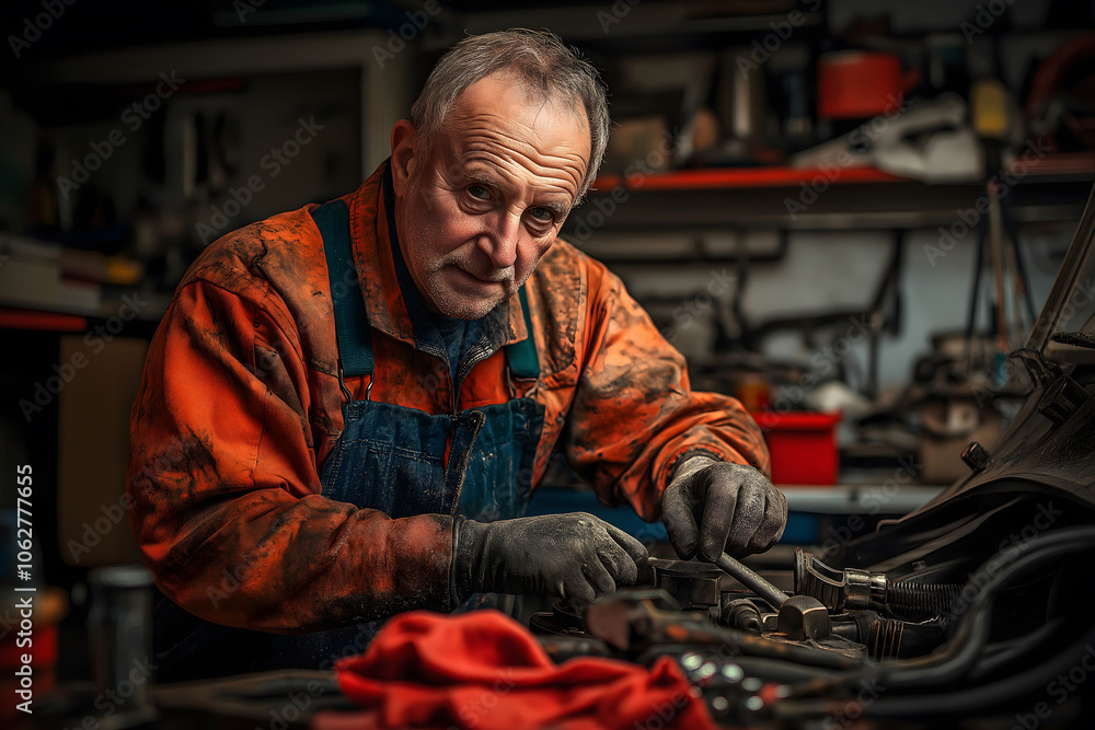 Veteran mechanic wearing greasy overalls, diligently repairing a car ...