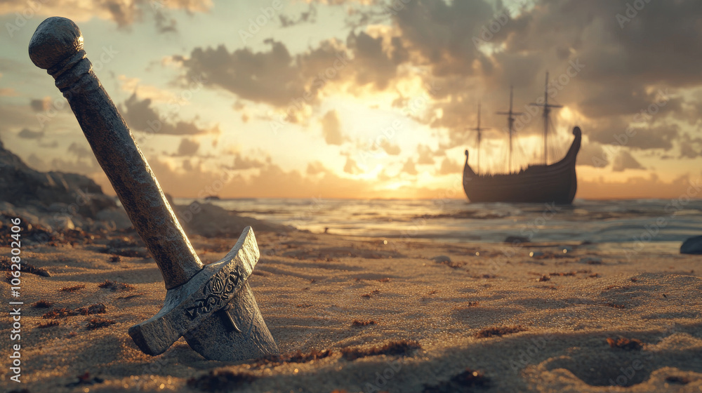 Vikings invasion concept image with a Viking weapon on a beach with a ...