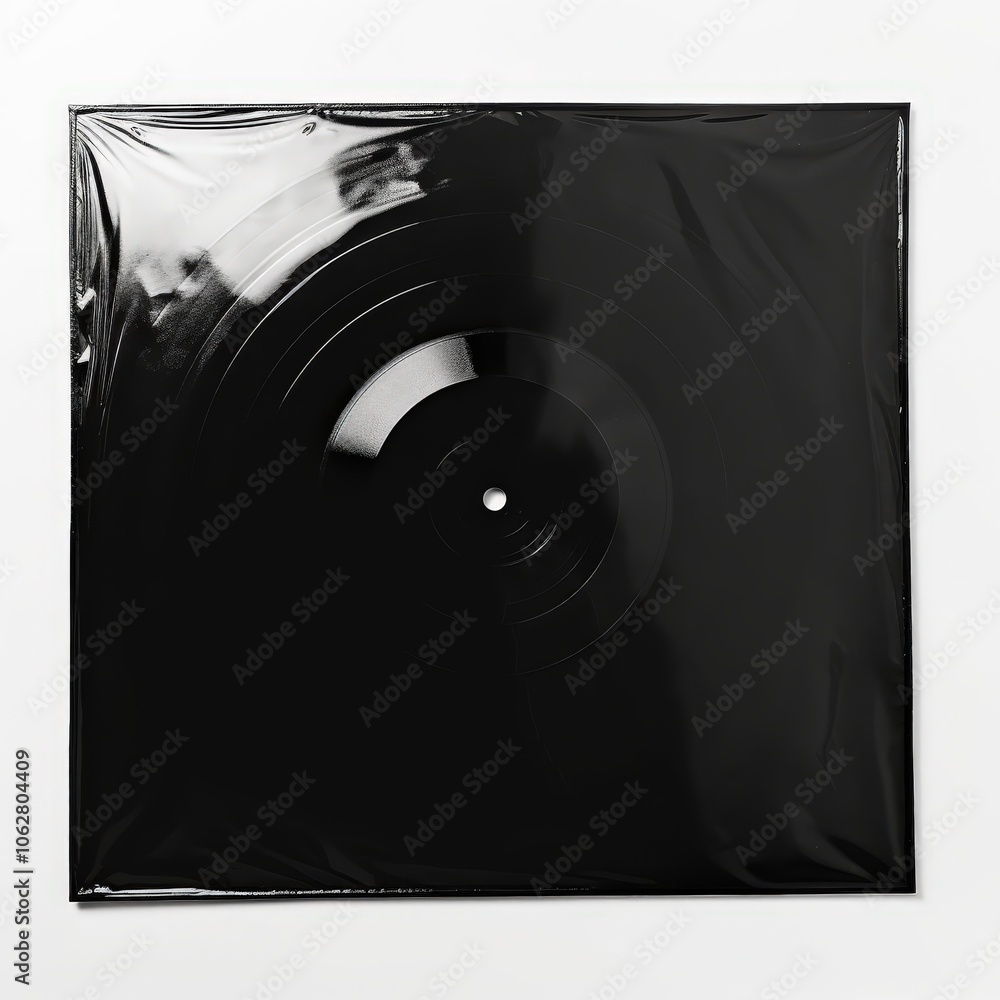Black vinyl record album cover wrapped in transparent plastic isolated ...