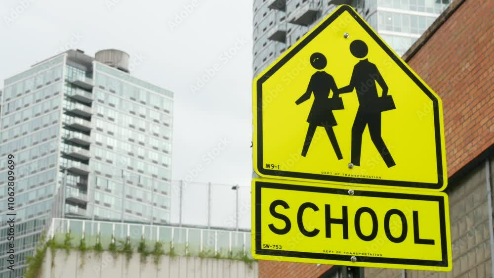 School zone yellow road sign, pedestrian crossing. Children safety on ...