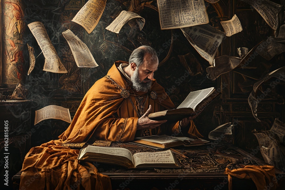 Saint Augustine of Hippo is illustrated in a timeless artistic style ...