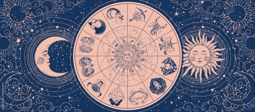 Astrology chart with 12 zodiac signs, sun and moon. Zodiac wheel on ...