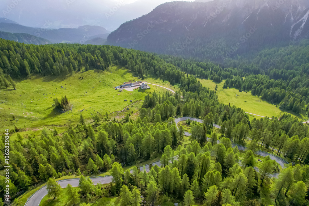 Snake Road in the Dolomites. Sunrise aerial forest. Pathway from Snake ...
