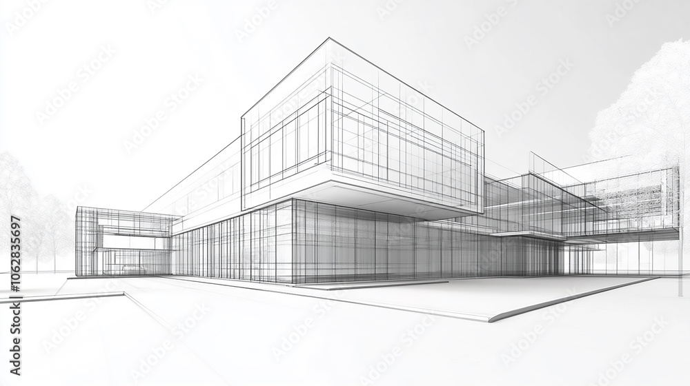 Architectural blueprint drawing of a modern commercial building a ...