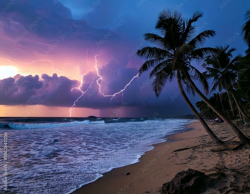 Una playa tropical durante una tormenta al atardecer. Las palmeras se ...