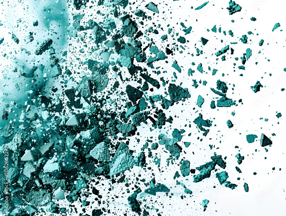 Explosion of teal soil particles against a white background, each ...