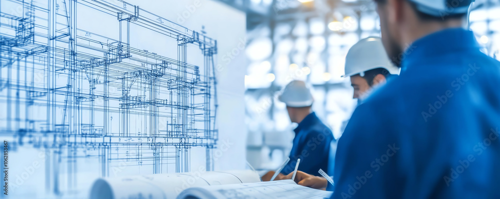 Industrial blueprint of a factory structure on display, details of ...