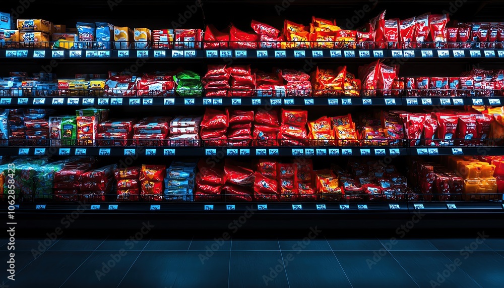 Supermarket shelves stocked with pantry staples and household items ...