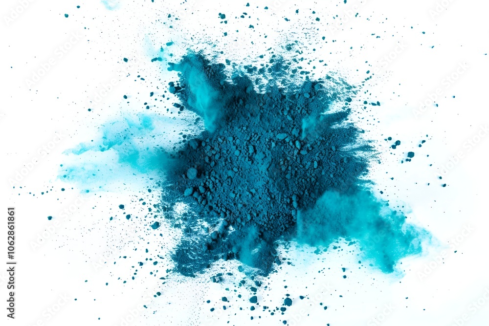 Vibrant cyan soil explosion frozen in time, with granules and dust ...