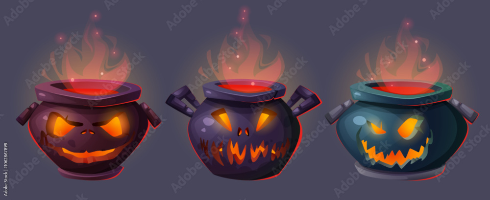 Magic halloween witch cauldron with spooky fire face vector. Wizard ...