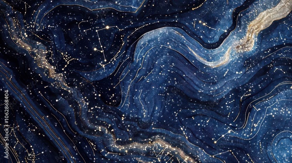 Celestial silk maps with constellation patterns and starlight curves ...