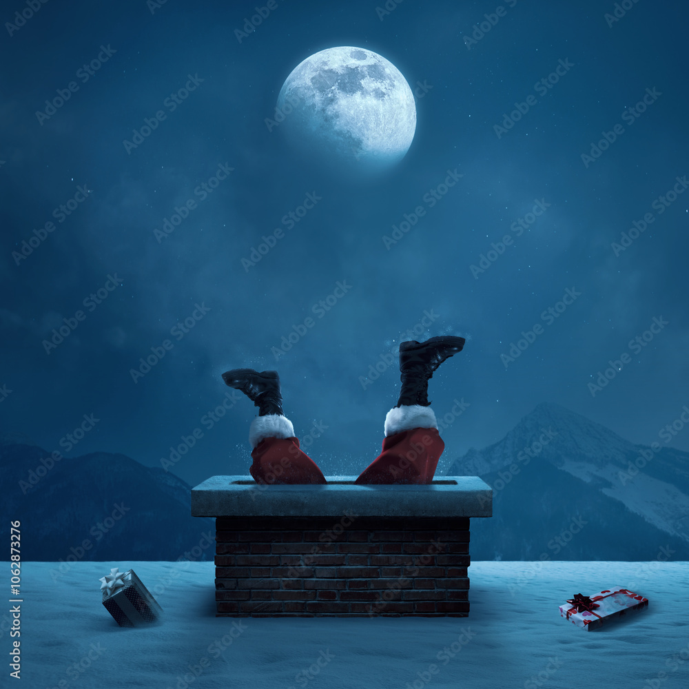 Poster Funny Santa Claus stuck with feet up in a chimney – Wall Art ...
