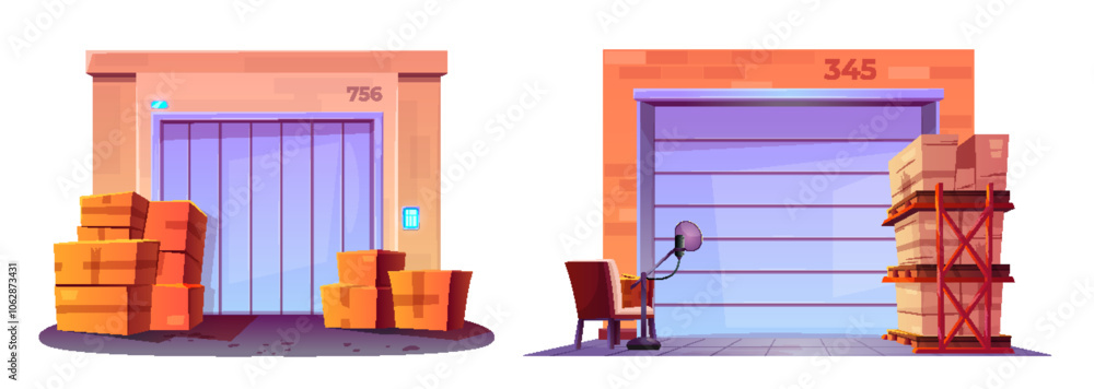 Modern self storage units displayed on walls with purple sliding doors ...