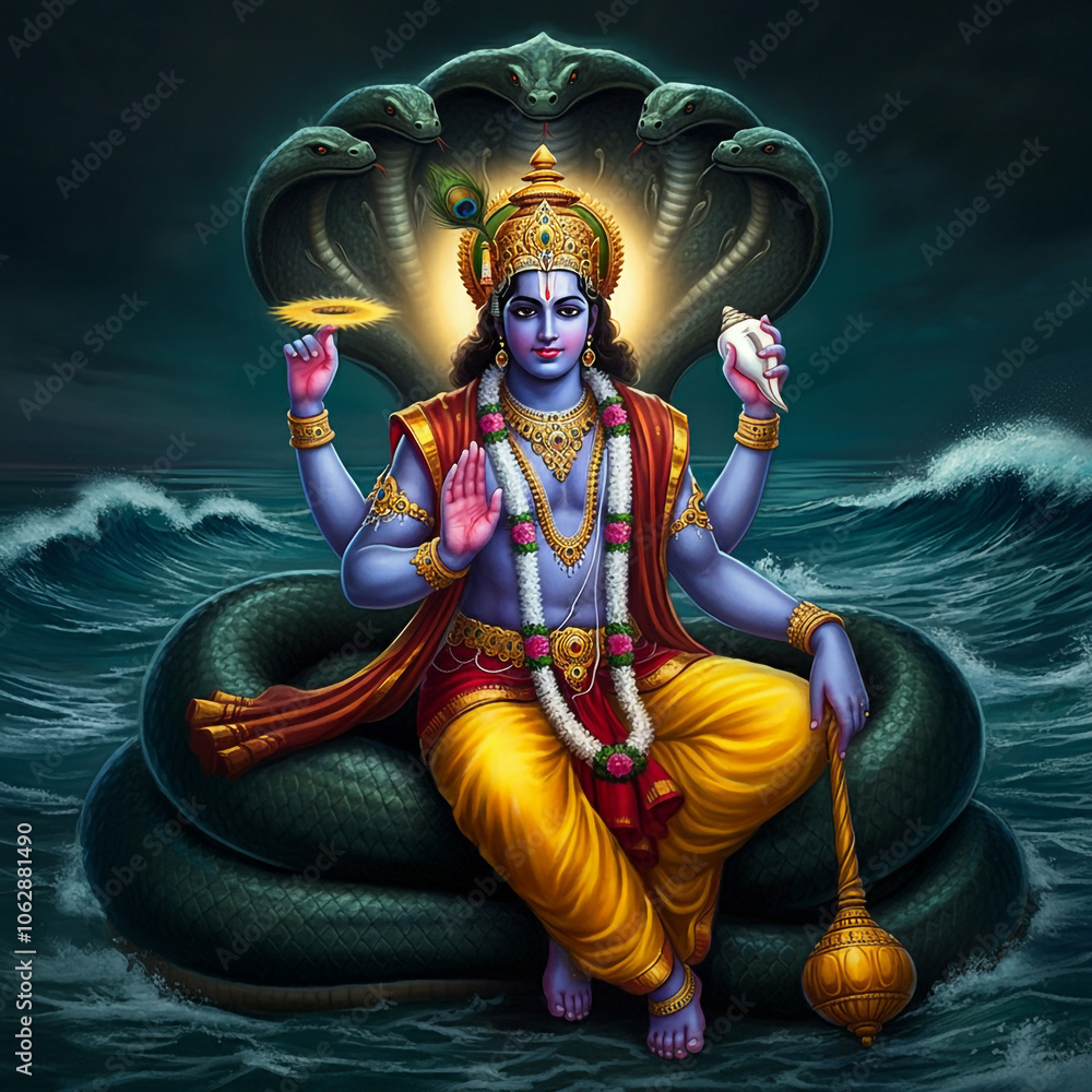 Divine illustration of Lord Vishnu seated on the serpent Sheshnag in ...