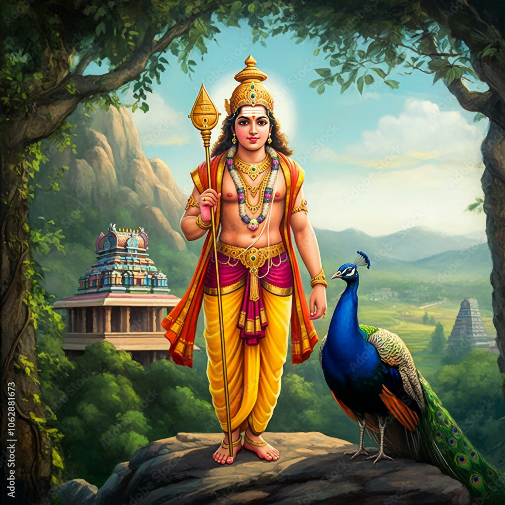 Image of Lord Murugan standing near a temple with his Vel and peacock ...