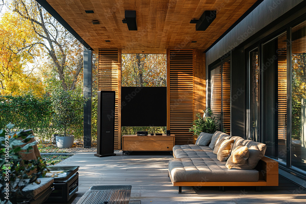 Panorama of a modern patio with furniture and an audio system on the ...
