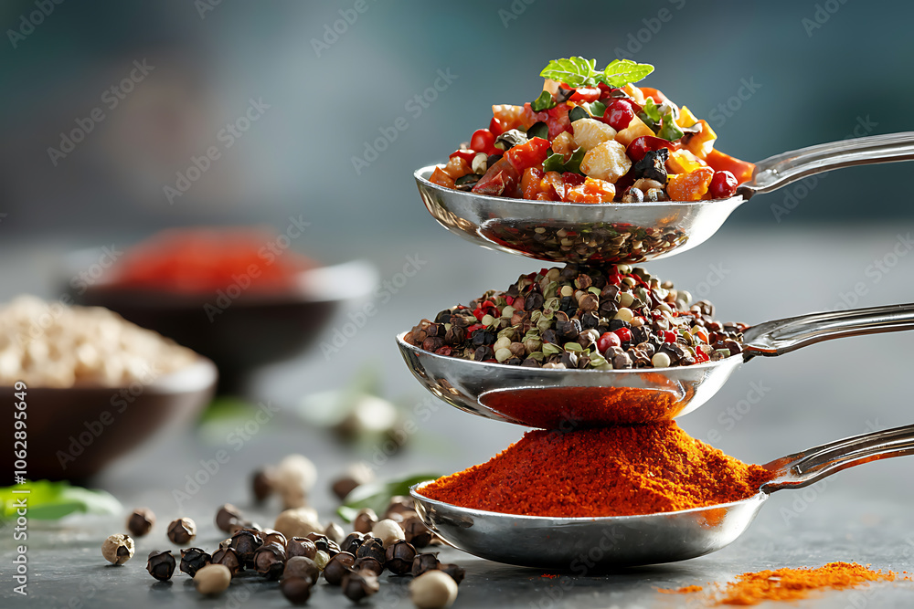 Explore a pyramid of flavor assorted spices displayed in spoons 素材庫插圖 ...