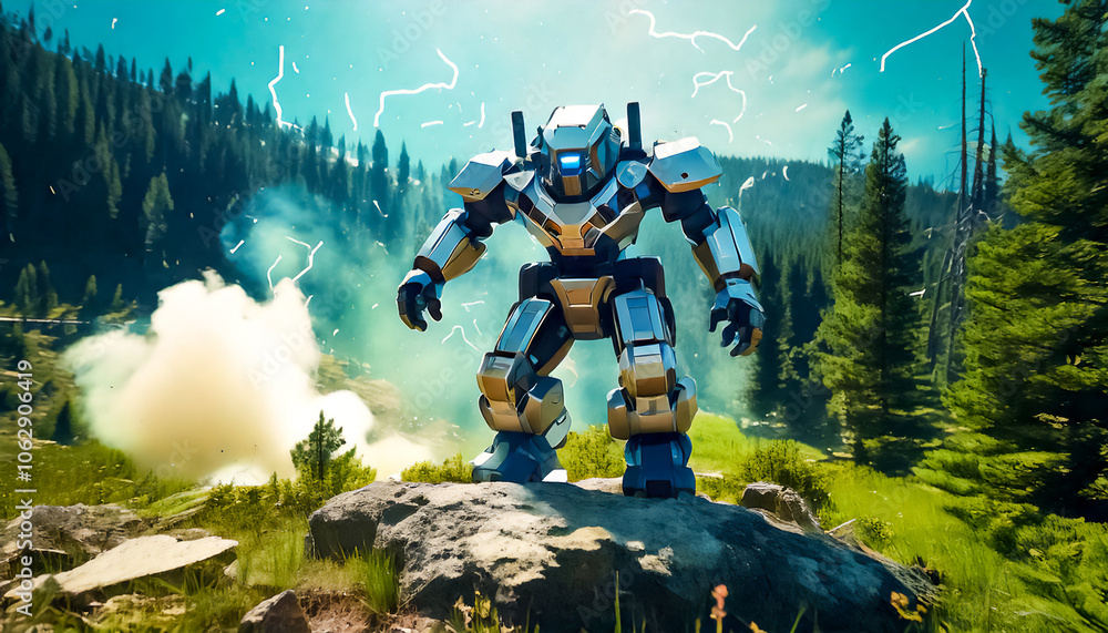 Abstract astronaut, alien, robot in armored spacesuit in action ...