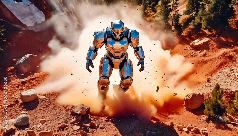 Abstract astronaut, alien, robot in armored spacesuit in action ...