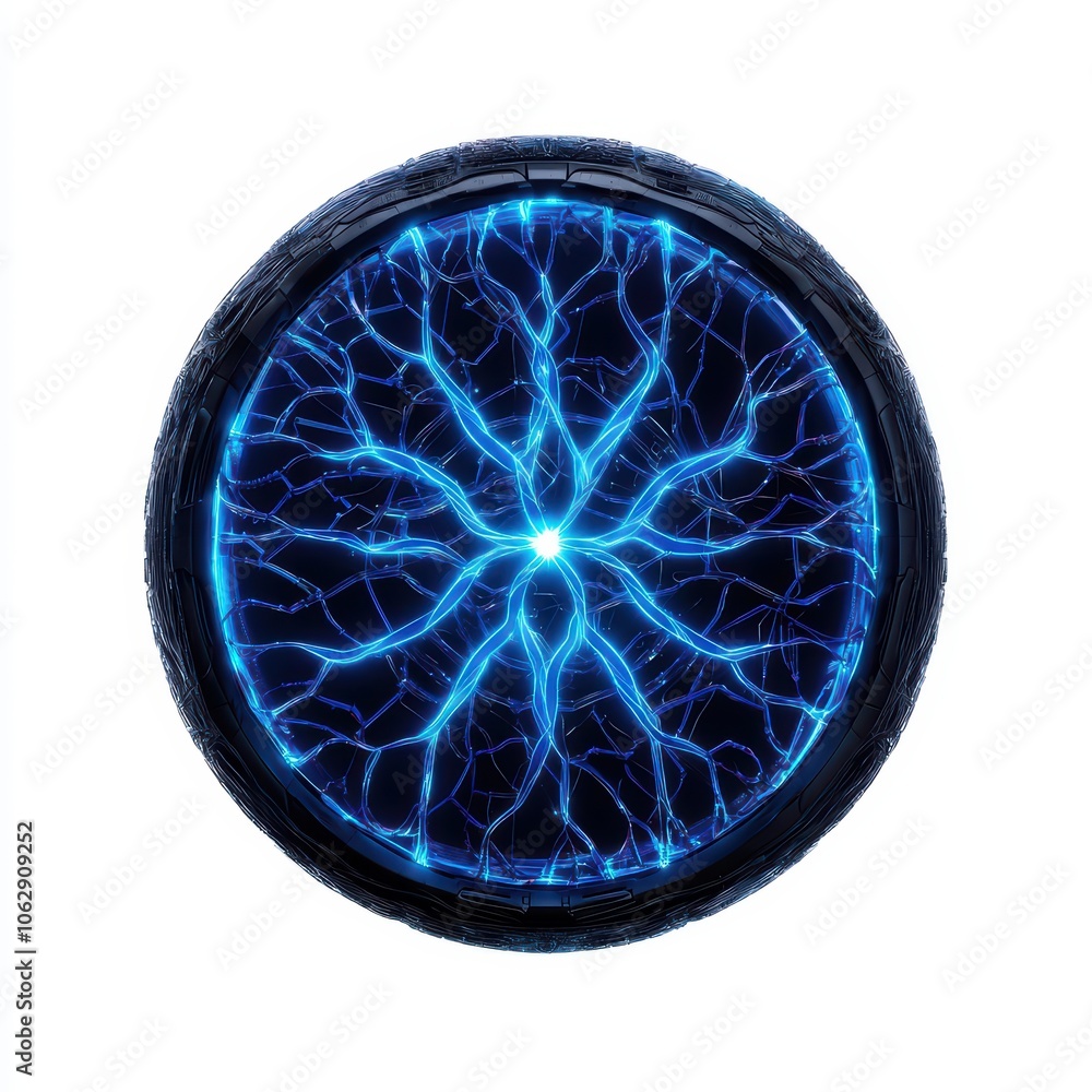 Blue electric circuit design in a circular shape, white isolated ...
