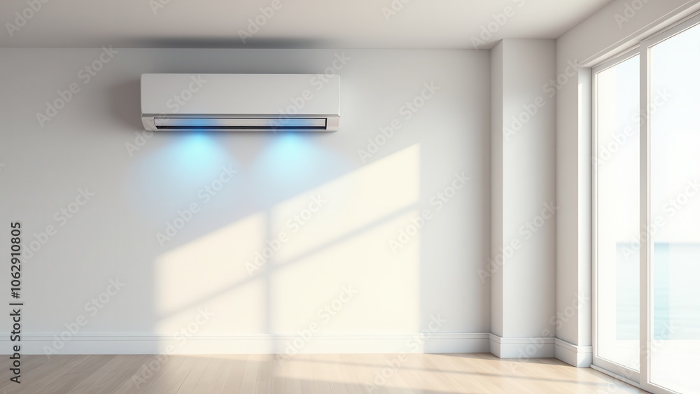 Sleek, ceiling-mounted split-type air conditioner with parts of an home ...