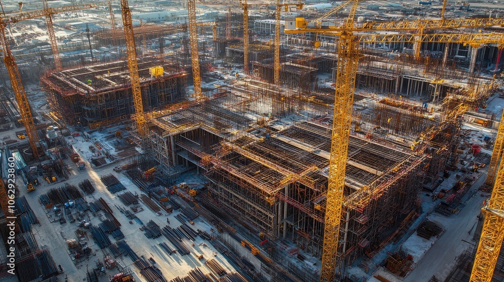 Cranes forming a web of support at a major construction site ...