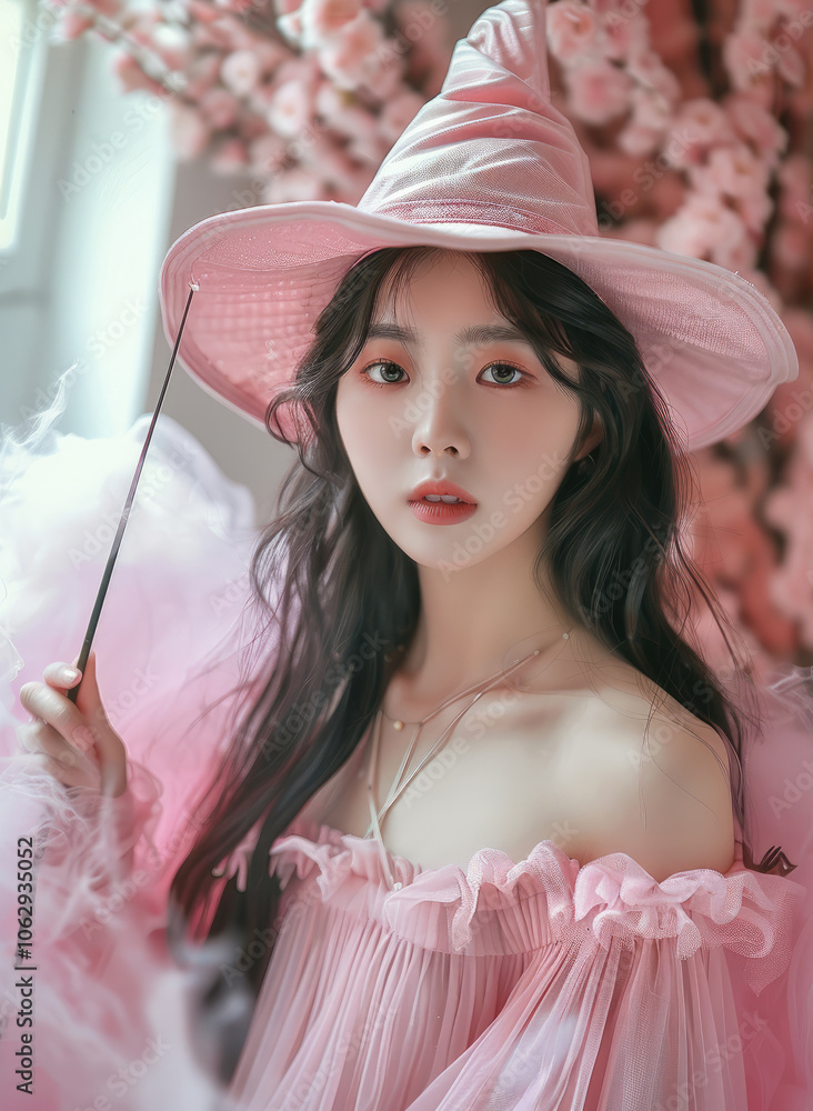 Foto de beautiful Korean witch in a pink castle, use her magic with ...