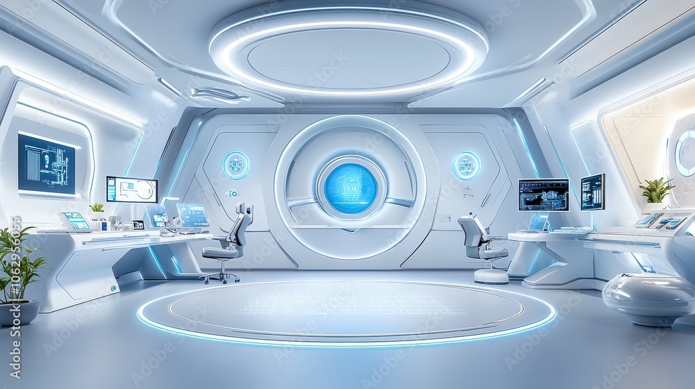 Futuristic industrial design with light blue tones, metallic grid ...