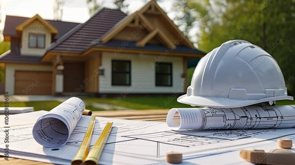 Dream Home Blueprint: Construction plans, a hard hat, and pencils rest ...