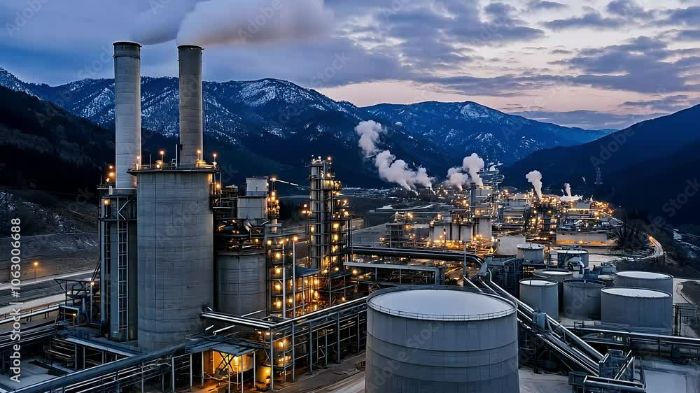 An industrial facility is illuminated at dusk, surrounded by mountains ...