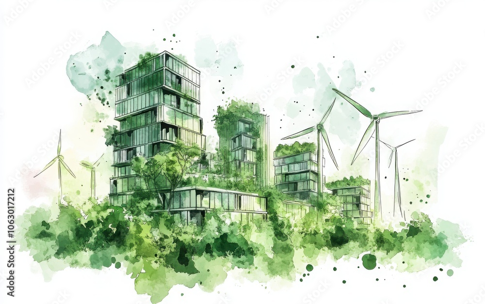 Capture a sketch of an eco-friendly building, complete with wind turbines and flourishing ...