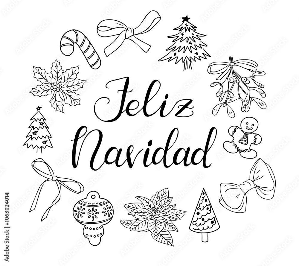Christmas outline doodle card with calligraphy Spanish text Feliz ...