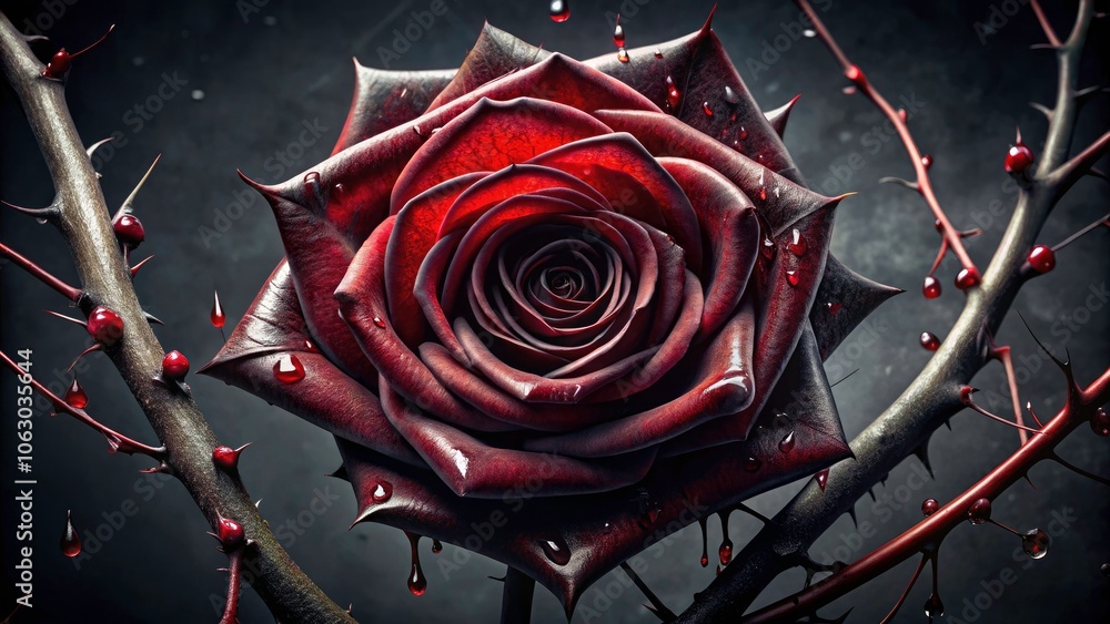 Hauntingly Beautiful Dark Red Rose with Blood Droplets and Thorny Stems ...