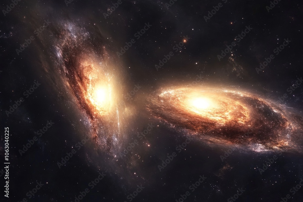 Two galaxies swirling and merging, creating a beautiful cosmic dance ...