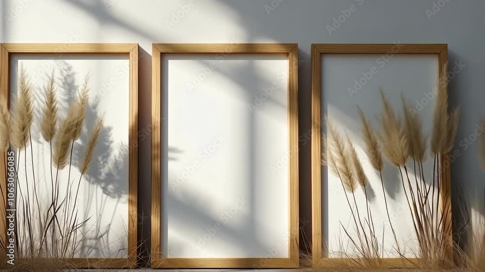 Three empty picture frames with a natural light and shadow display ...