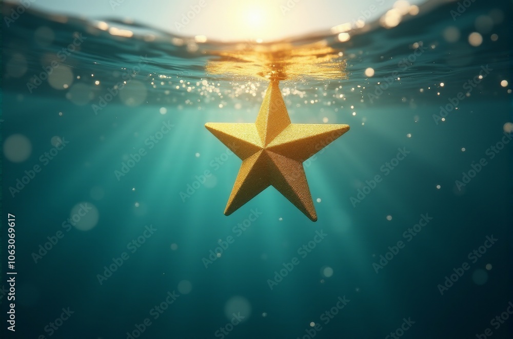 Golden star floating underwater with sunlight rays shining through ...
